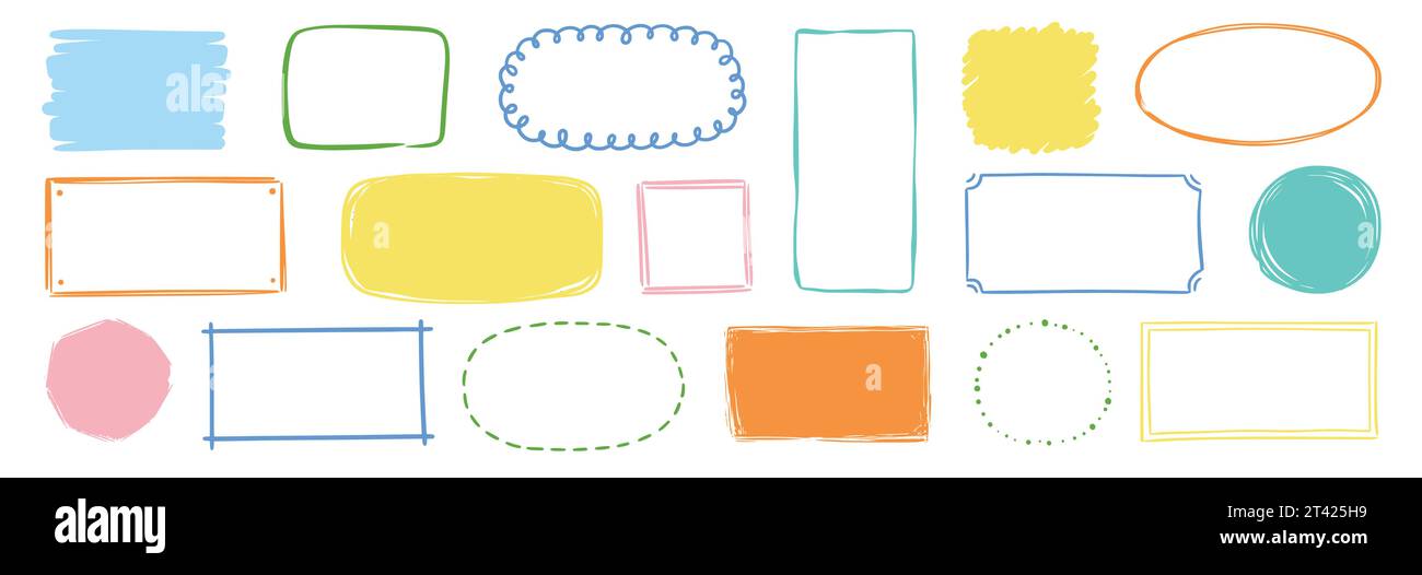 Hand drawn doodle color frame set. Box, square, rectangle, circle shape ...