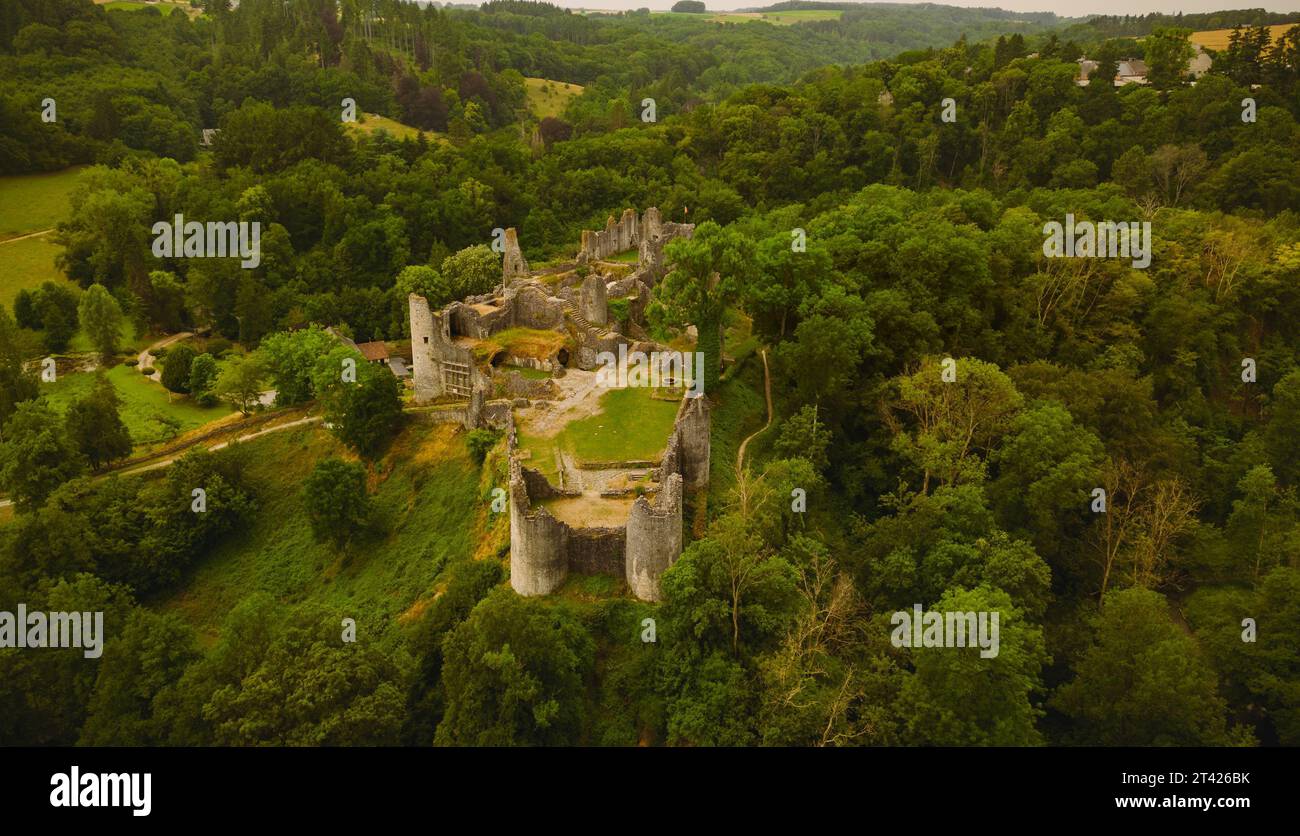 A majestic castle stands surrounded by lush trees and rolling hills in ...
