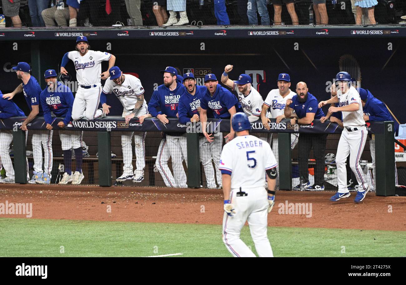 Arlington, United States. 27th Oct, 2023. The Texas Rangers dugout ...