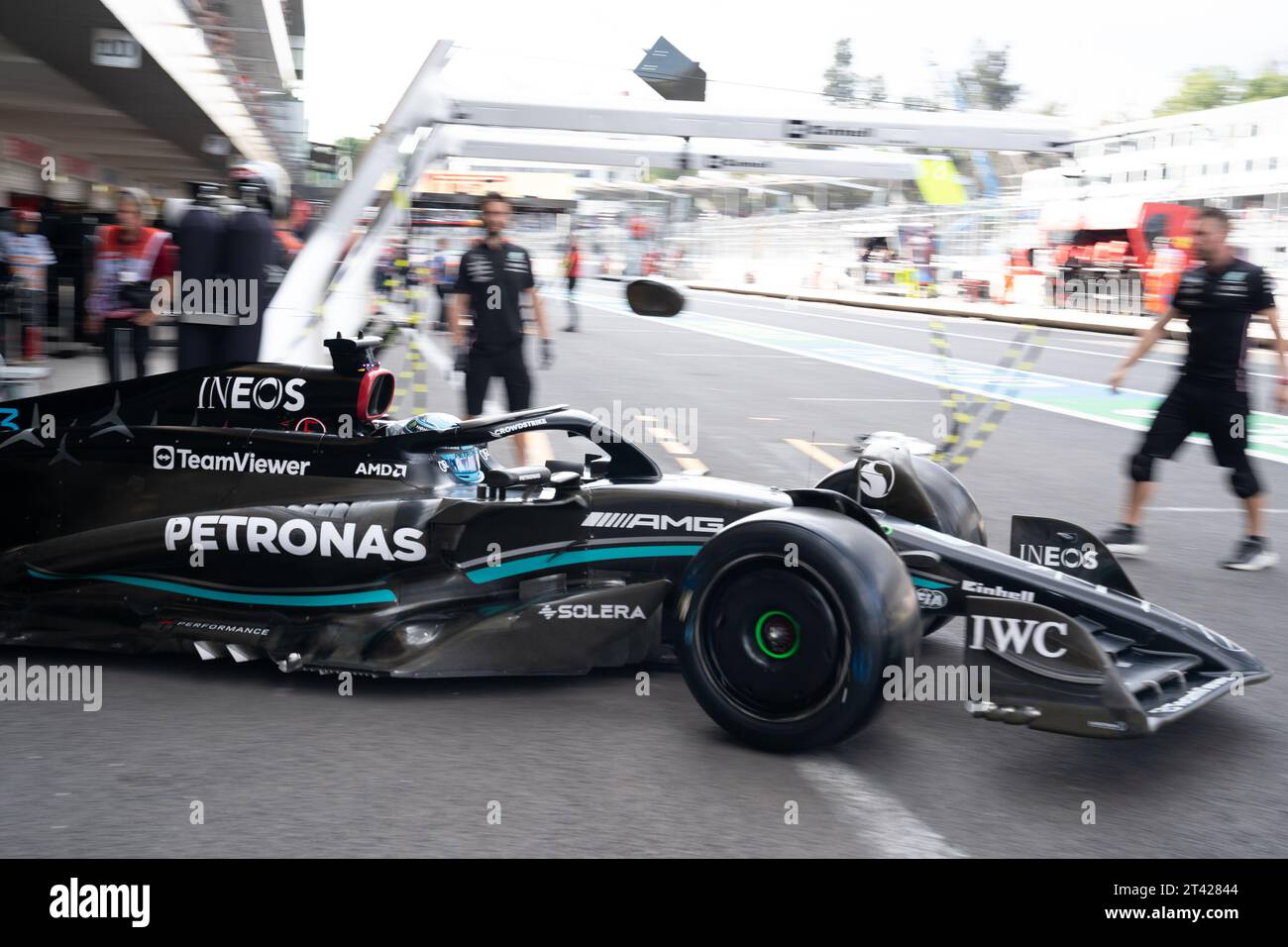 George Russell leaves the Mercedes garage in the pit lane, Mexico City ...