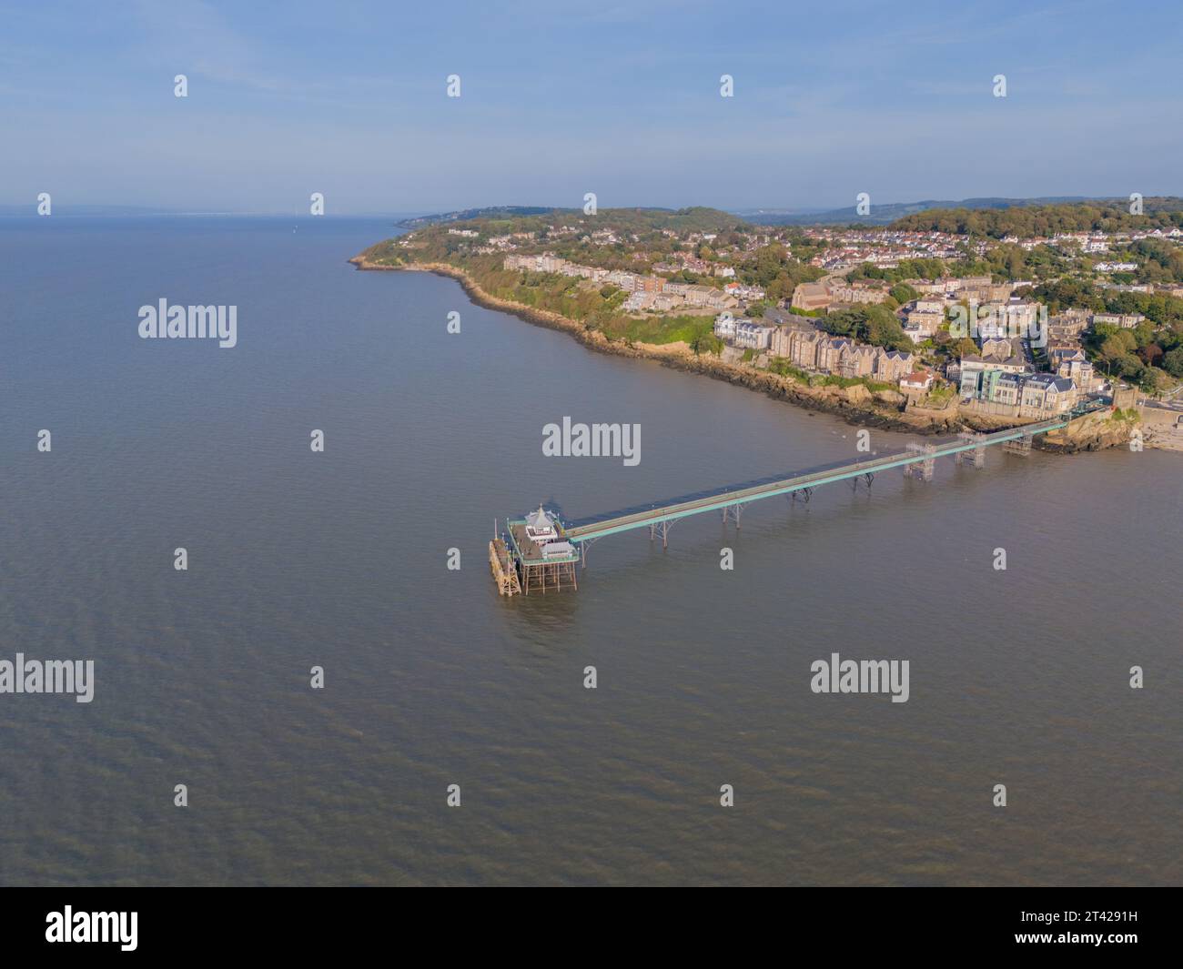 Aerial view of Clevedon Pier and Heritage Trust situated on shoreline ...