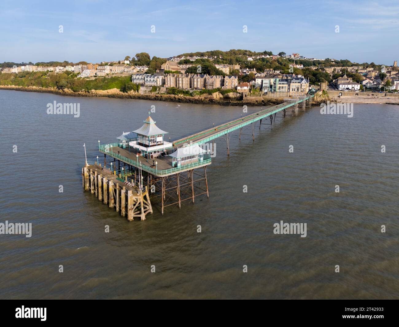 Aerial view of Clevedon Pier and Heritage Trust situated on shoreline ...