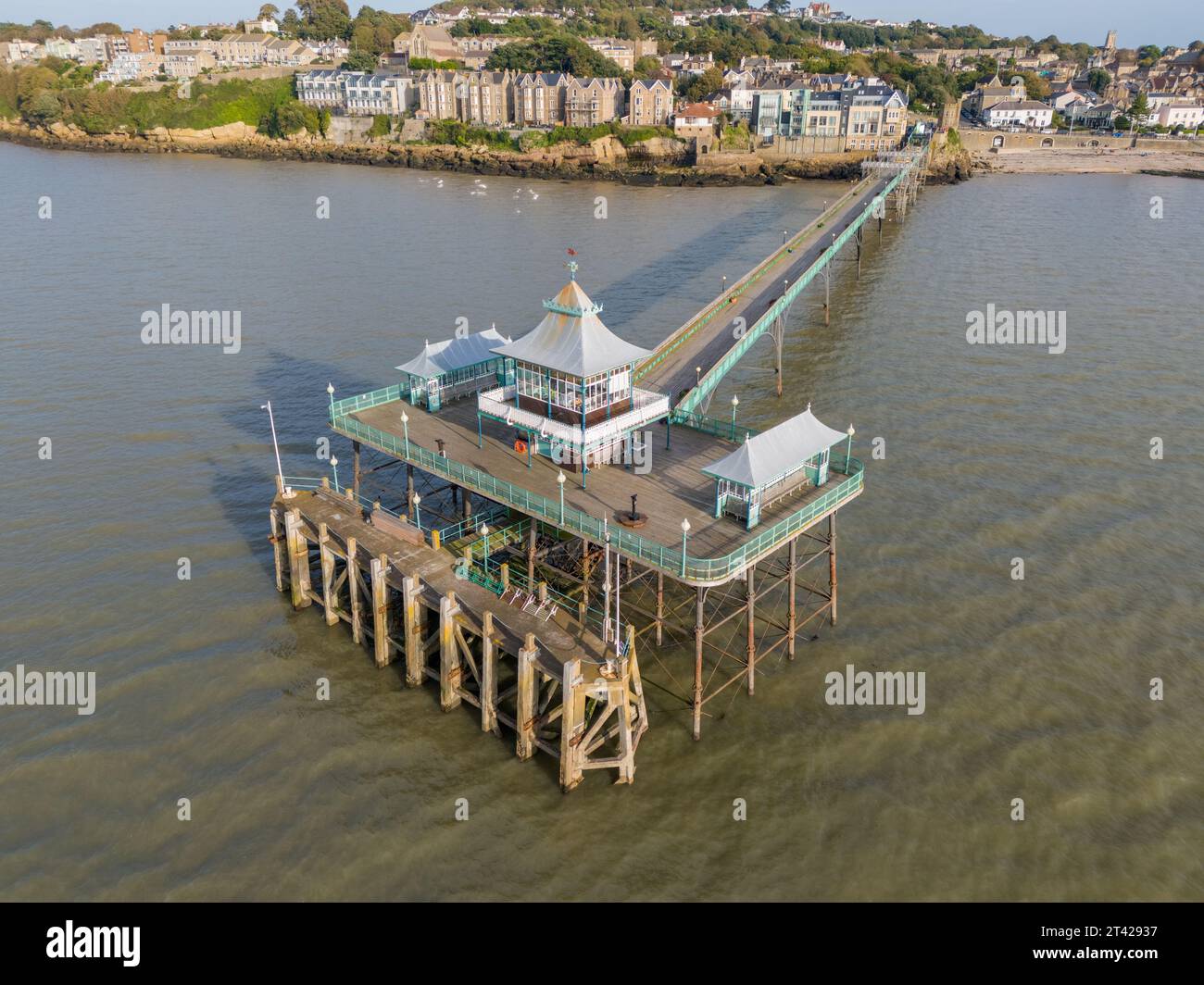 Aerial view of Clevedon Pier and Heritage Trust situated on shoreline ...