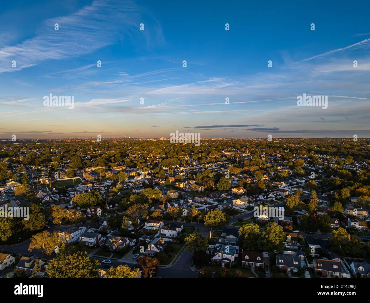 An aerial view of the New York City skyline, as viewed from Long Island ...