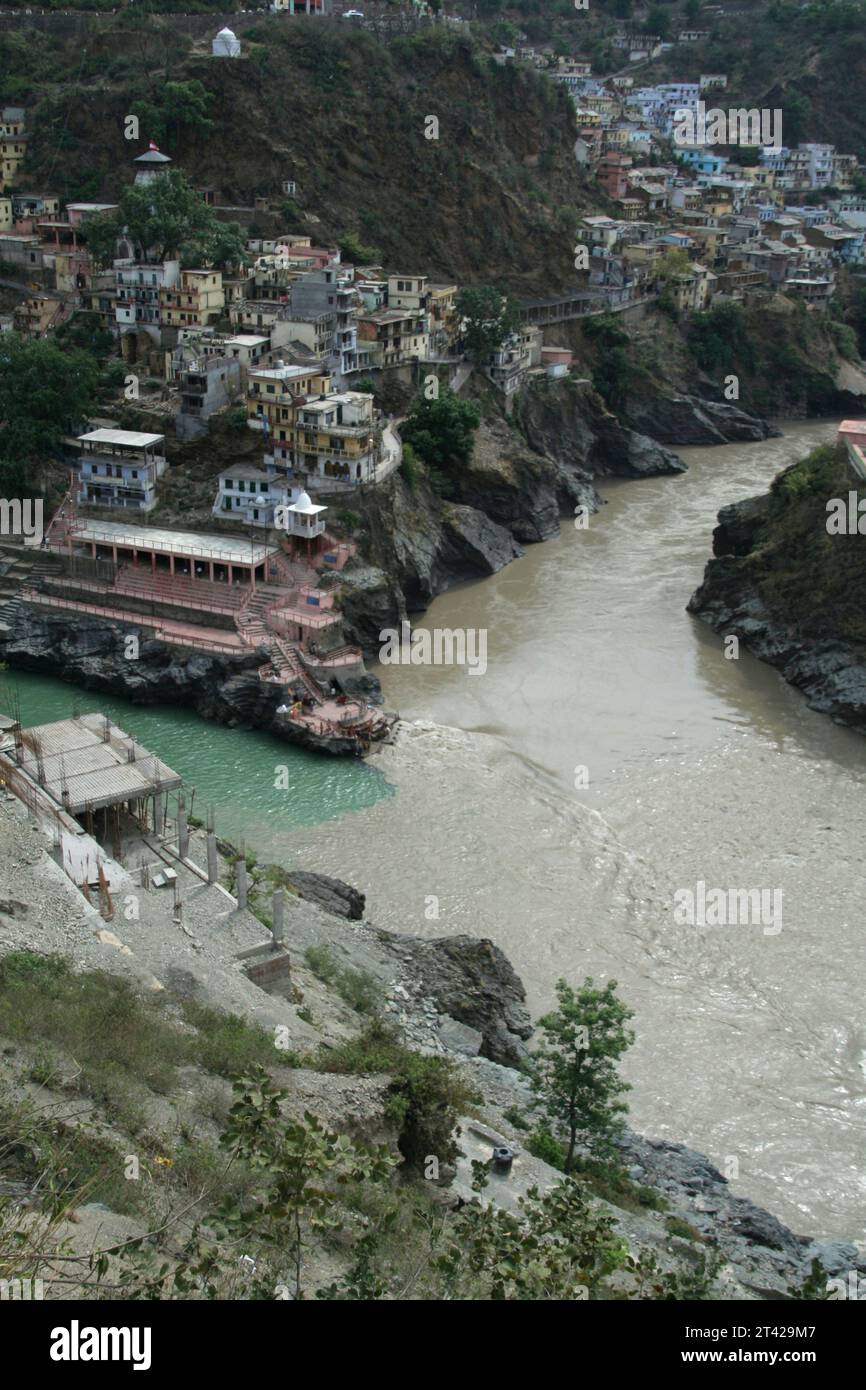 Top view of confluence of rivers Mandakini (Green Water) and Alakananda ...