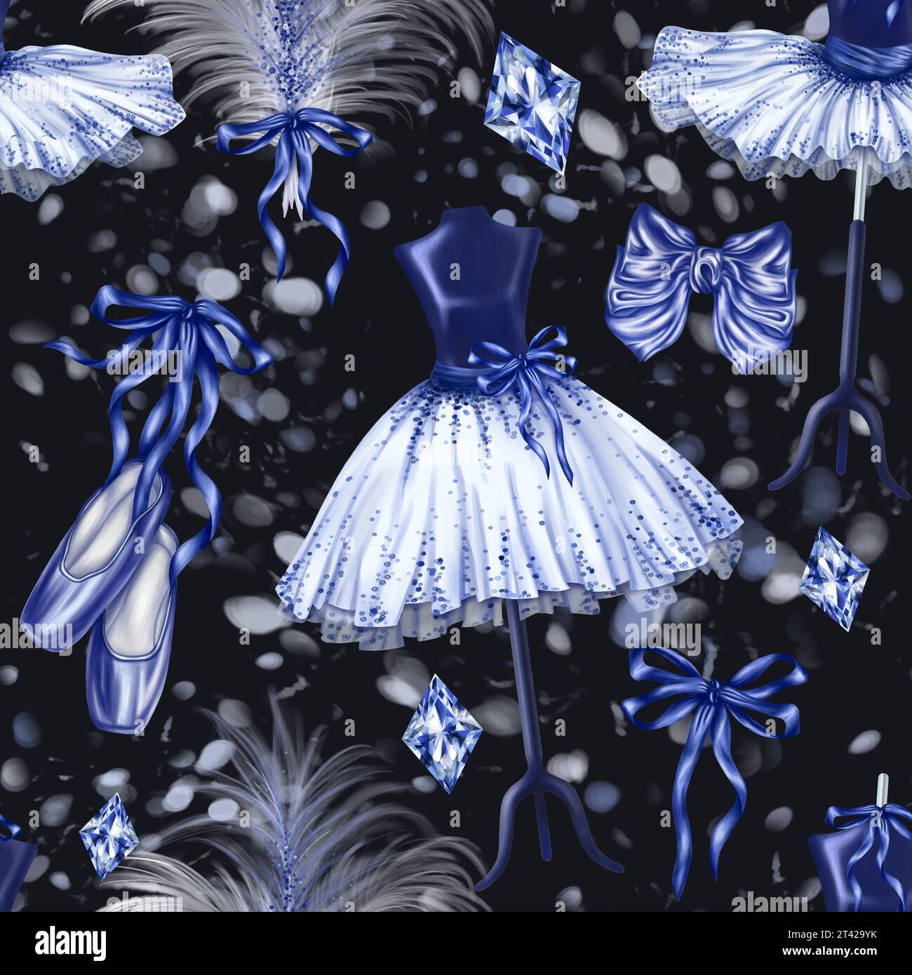 Seamless pattern with ballet blue outfits. Dance tutus, pointe shoes ...