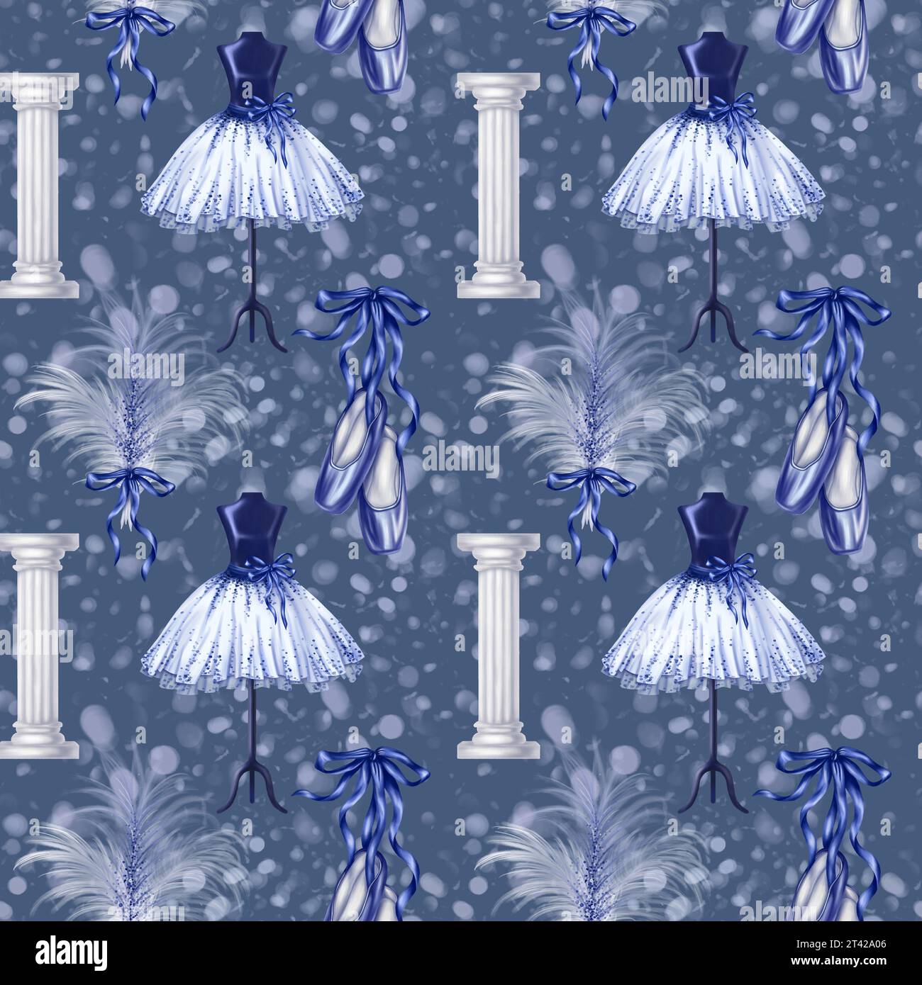 Seamless pattern with ballet blue outfits. Dance tutus, pointe shoes ...