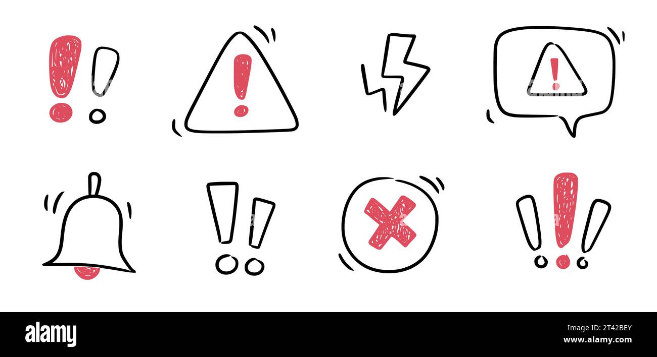 Doodle exclamation mark, alert danger sign set. Scribble hand drawn ...