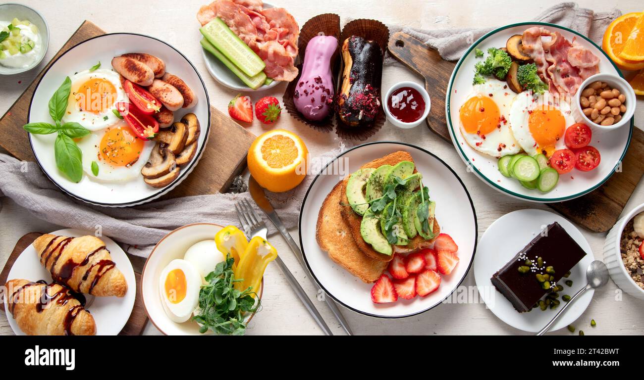 Healthy breakfast eating concept, various morning food on light ...