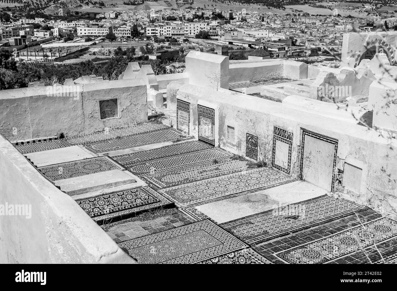 An old Muslim cemetery, overlooking the city of Fez in Morocco, North ...
