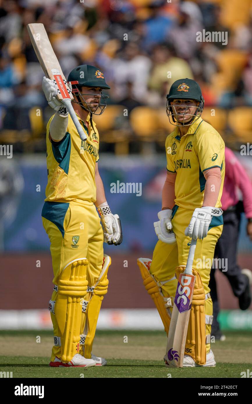 Australia's Travis Head, left, celebrates his fifty runs during the ICC ...