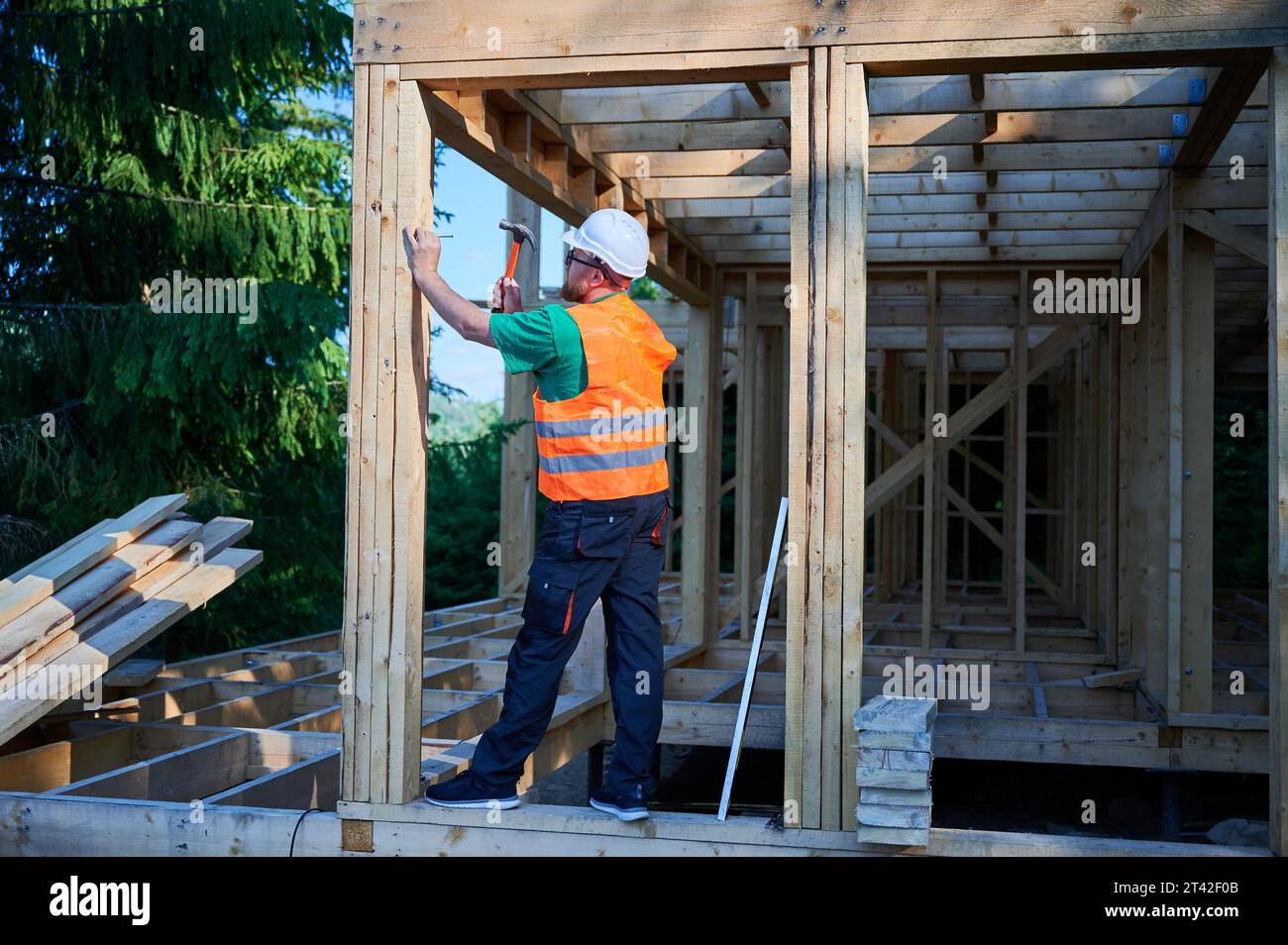 Carpenter constructing two-story wooden frame house near the forest ...
