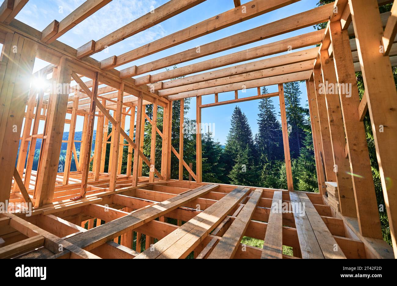 Residential wooden frame structure being erected. Initiation of fresh ...