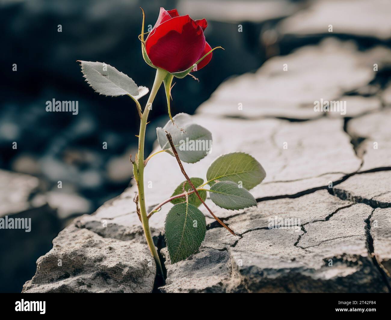 A single red rose is growing in a narrow crevice of a grey rock Stock ...