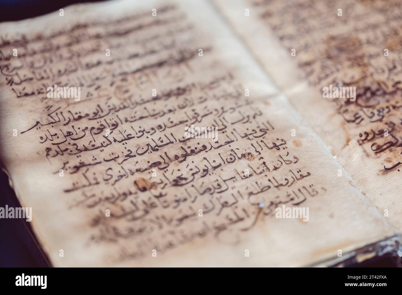 A closeup of Ancient Christian Bible, written in Arabic with a blurry ...