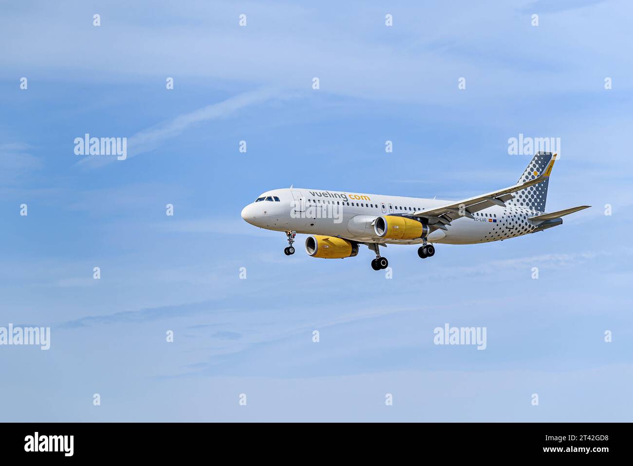 Barcelona, Spain; April 10, 2023: Vueling Airbus A320 plane, landing at ...