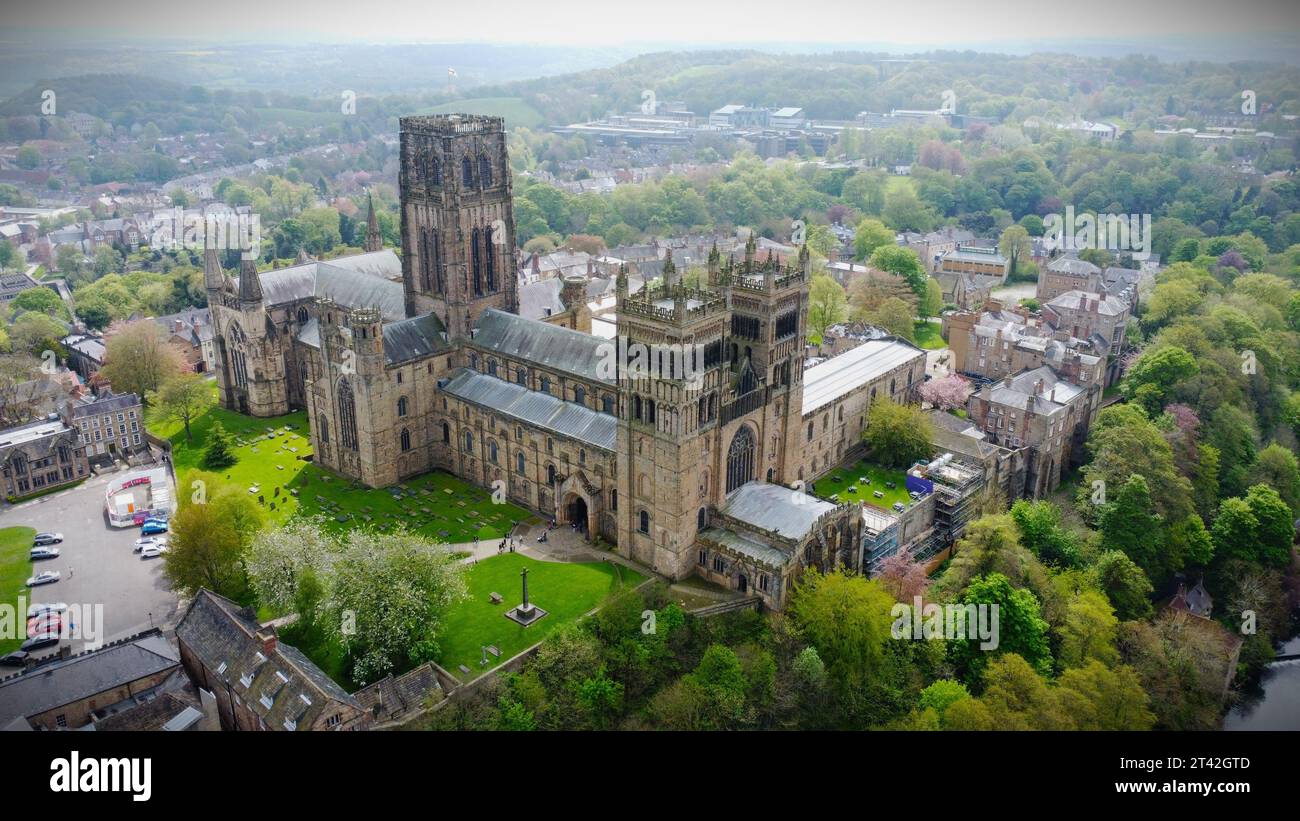 An aerial view of the prominent Durham Cathedral located in Durham ...