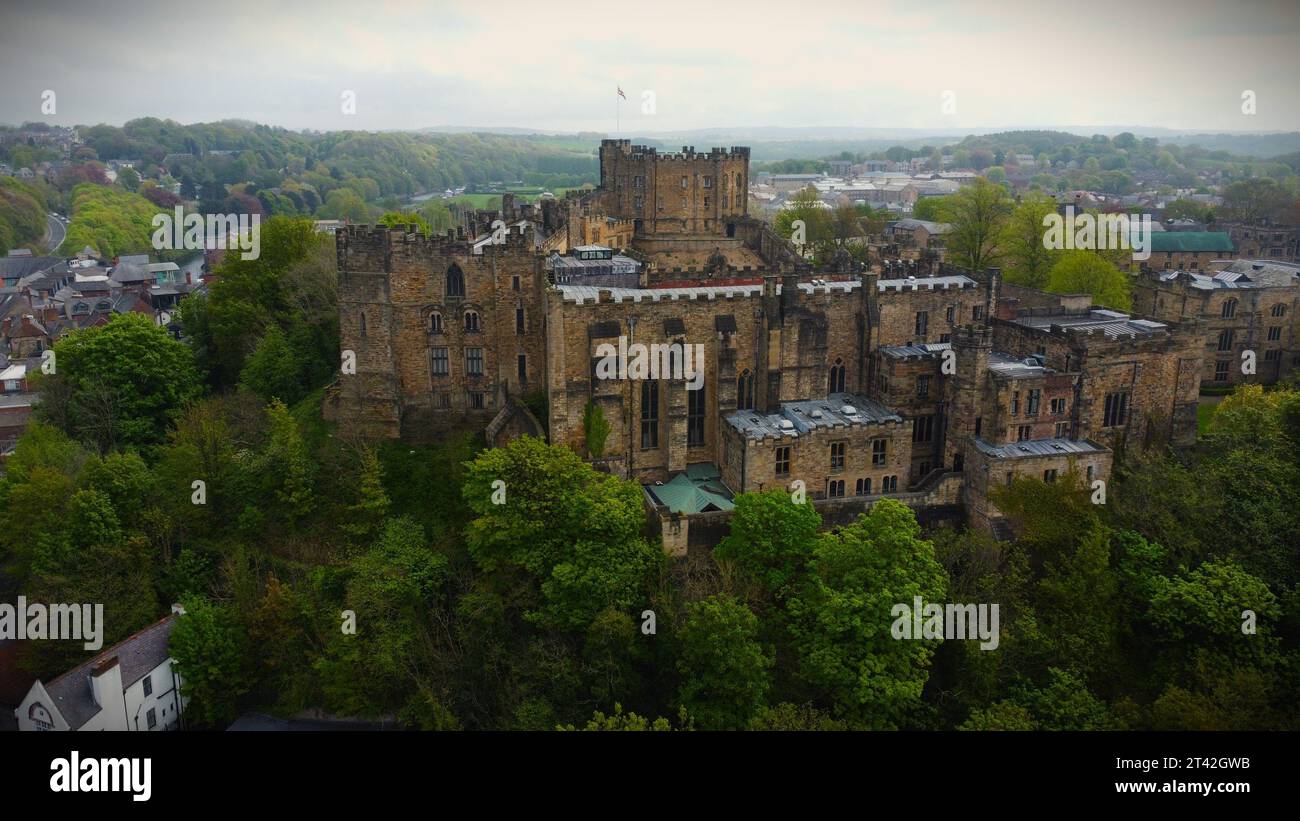 An aerial view of the ancient Durham Castlesituated in a picturesque ...