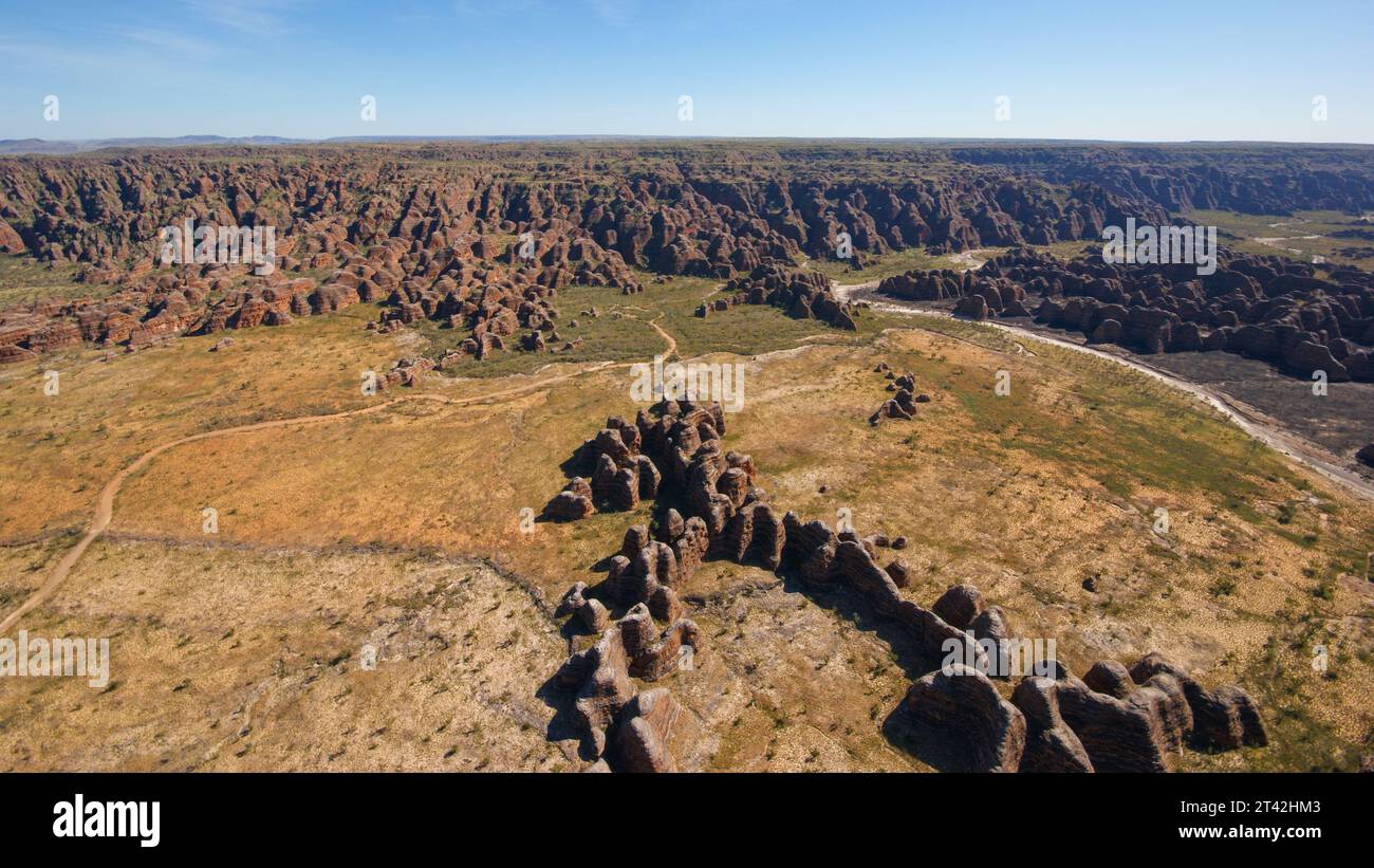 Wide angle aerial view of the famous beehive domes of the Bungle Bungle ...