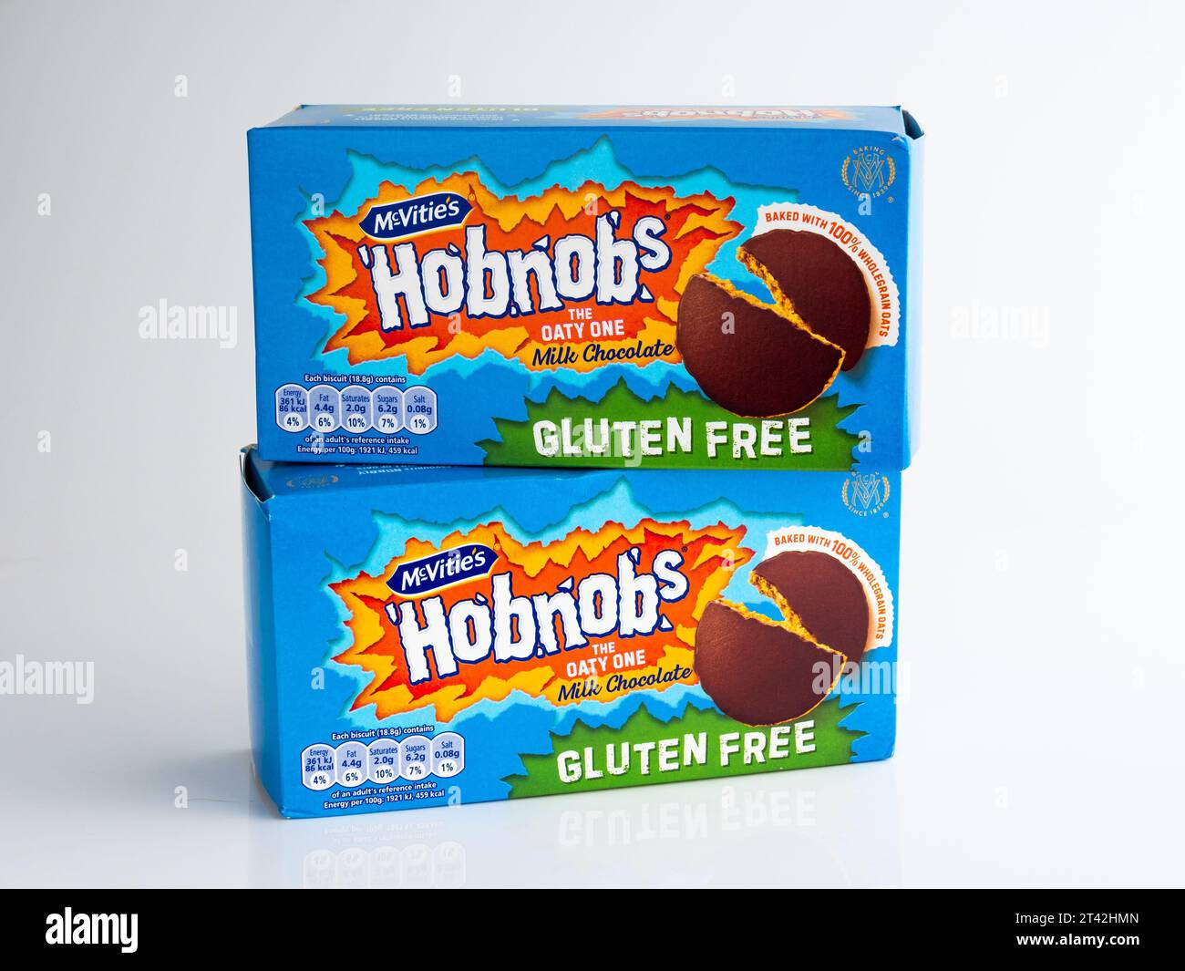 Mcvities chocolate Hobnob's brand of biscuits on a white background ...