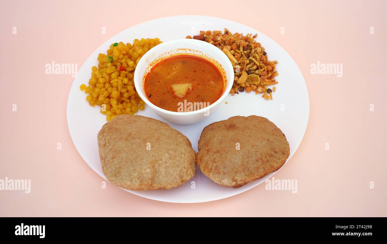 Indian food - Puri Bhaji and kheer. North Indian semi dry Potato Spicy ...