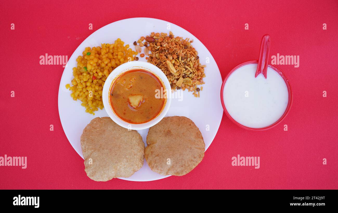 Indian food - Puri Bhaji and kheer. North Indian semi dry Potato Spicy ...