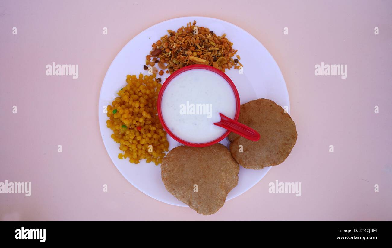 Indian food - Puri Bhaji and kheer. North Indian semi dry Potato Spicy ...