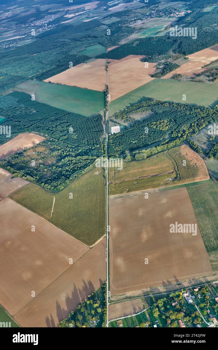 Aerial view of a rural landscape, featuring vibrant green crops ...