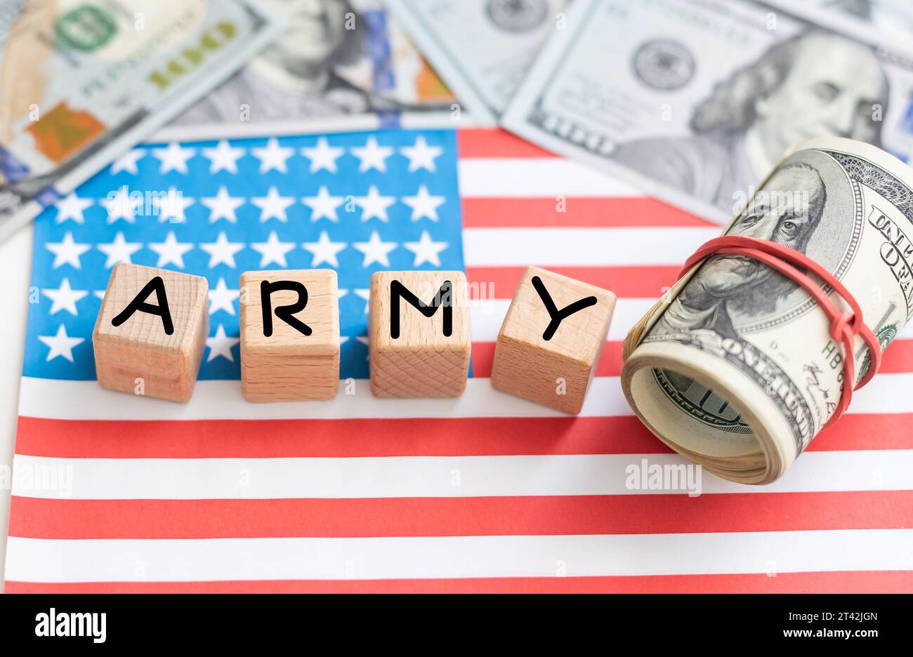 The soldier military tokens on dollar bills on the USA flag background ...