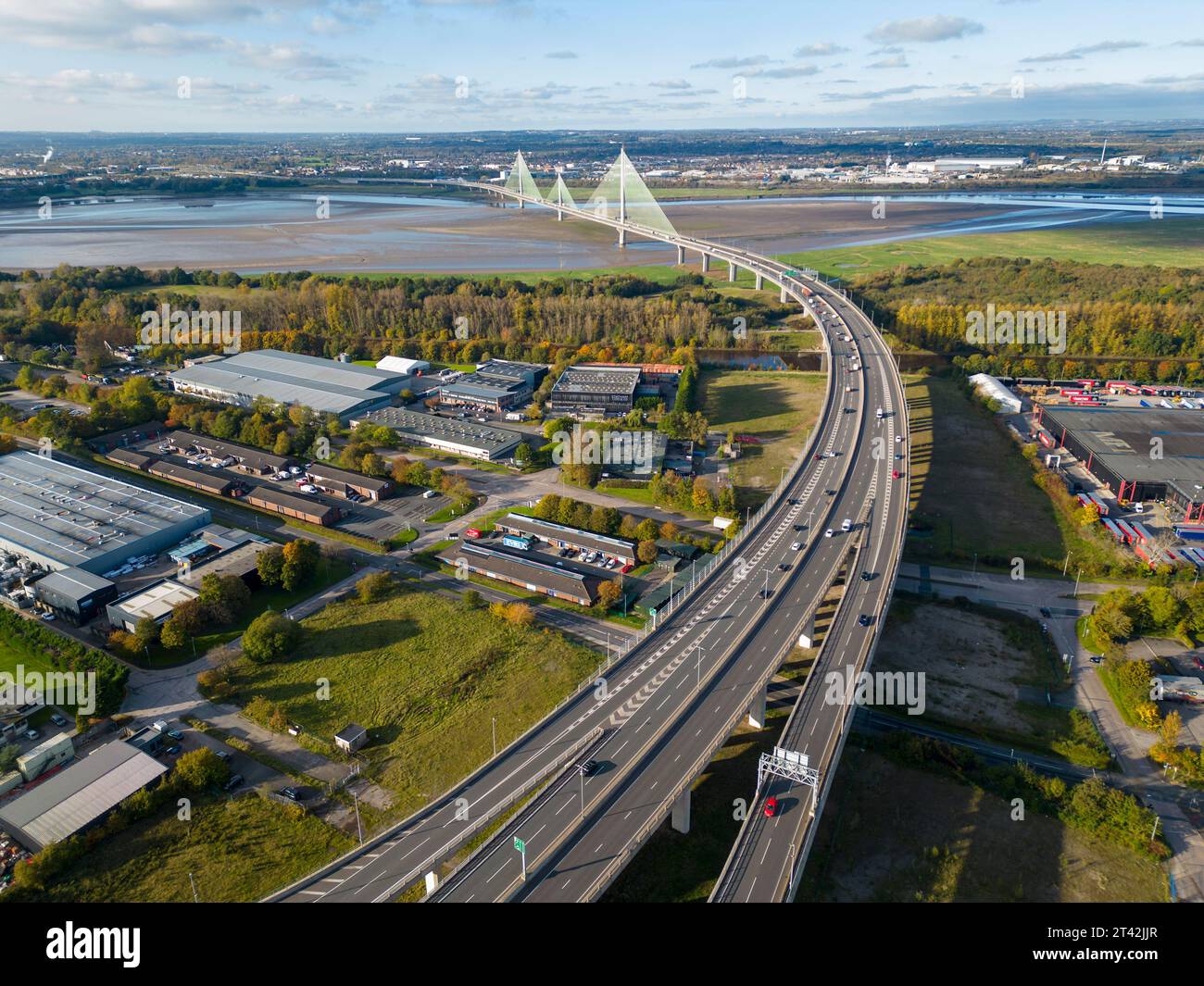 Aerial view of traffic at The Mersey Gateway Bridge, Runcorn, Cheshire ...