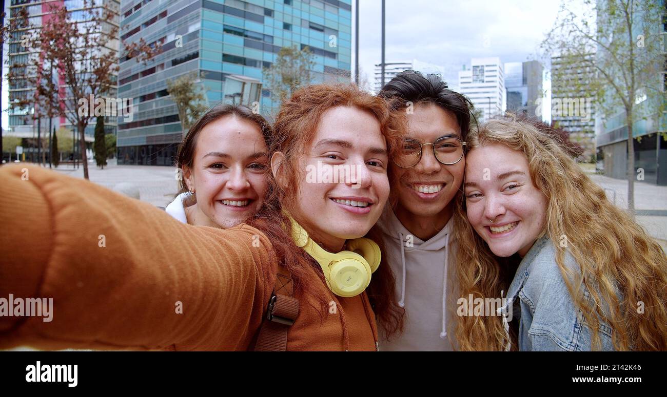 Selfie perspective of a group of teenagers enjoying in a city Stock ...