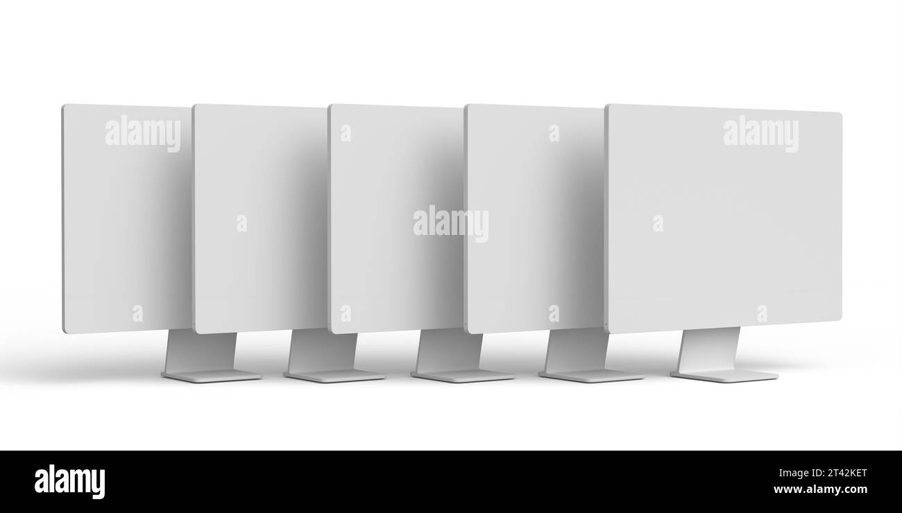 Set Of Desktop Computers With Blank Screen Display Isolated On White