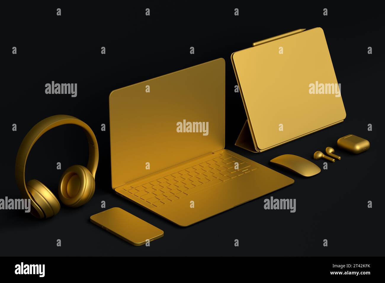 Realistic aluminum laptop with graphic tablet, mouse, headphones and ...