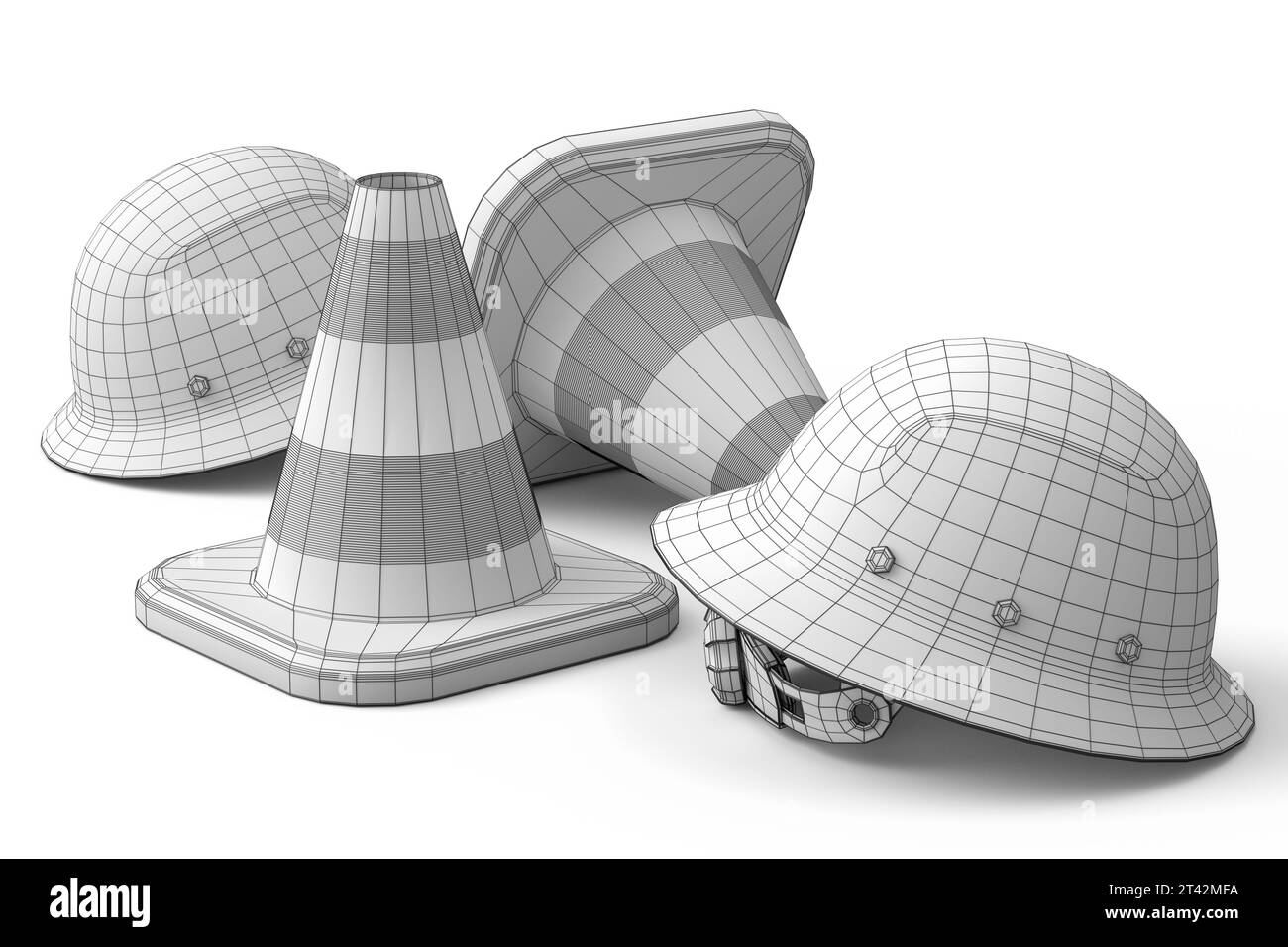 Set of traffic cones for under construction road work and safety helmet ...