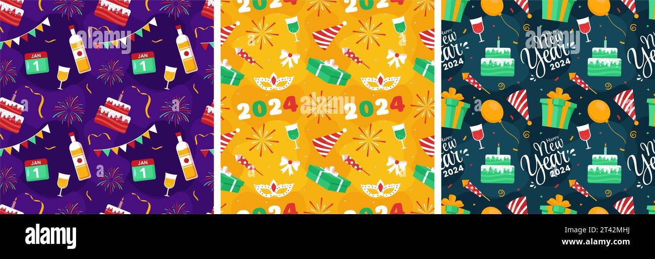Set of Happy New Year 2024 Seamless Pattern Illustration with Elements ...