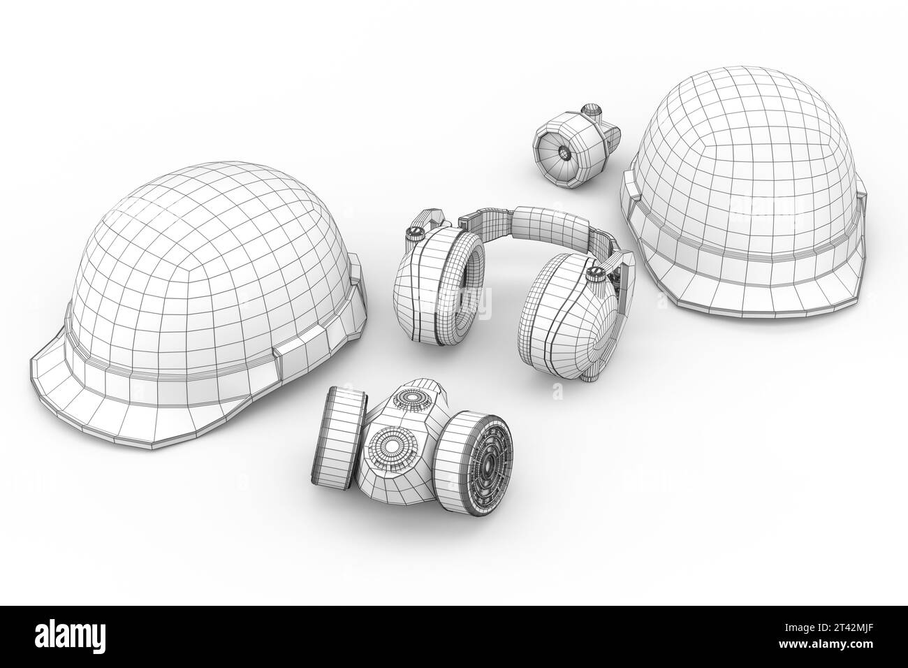 Safety helmet or hard cap, respirator and earphones muffs isolated on ...