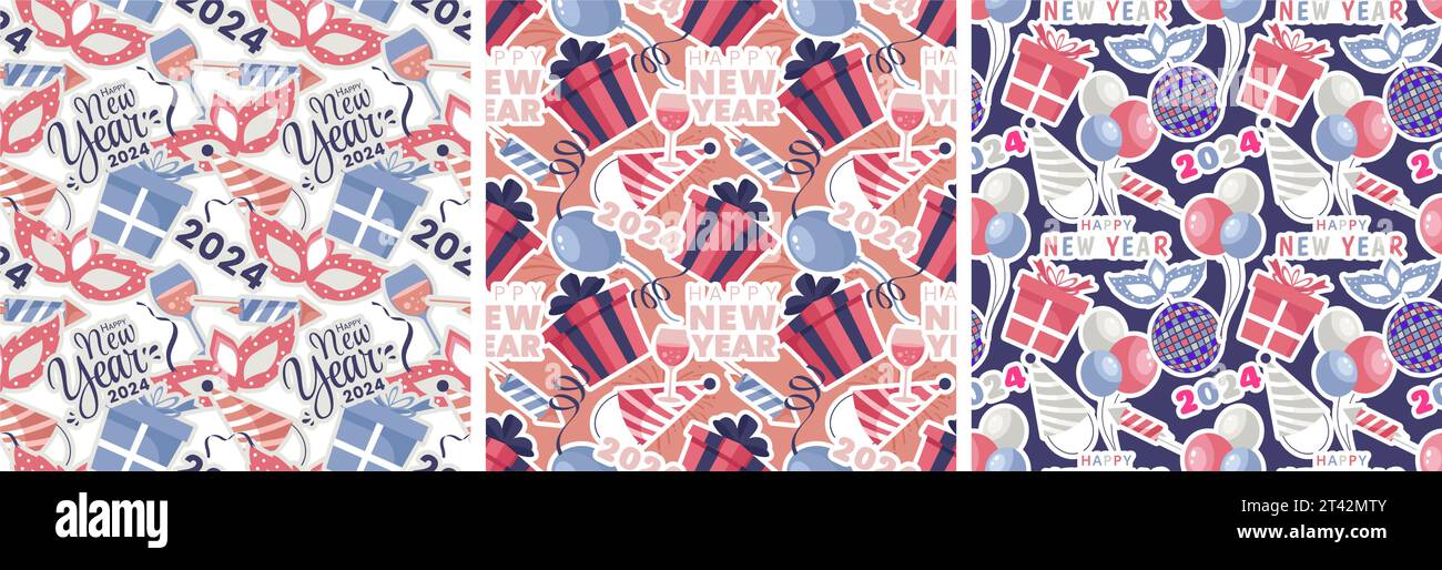Set of Happy New Year 2024 Seamless Pattern Illustration with Elements ...