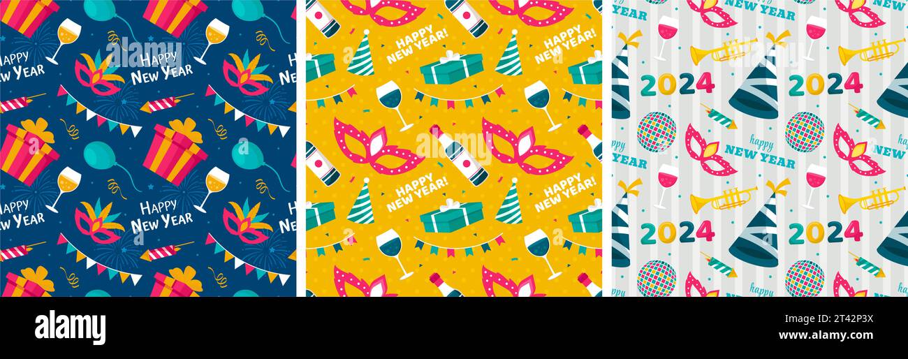 Set of Happy New Year 2024 Seamless Pattern Illustration with Elements ...