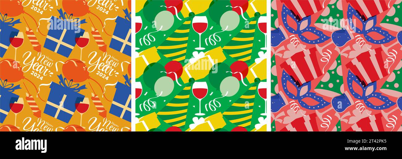Set of Happy New Year 2024 Seamless Pattern Illustration with Elements ...