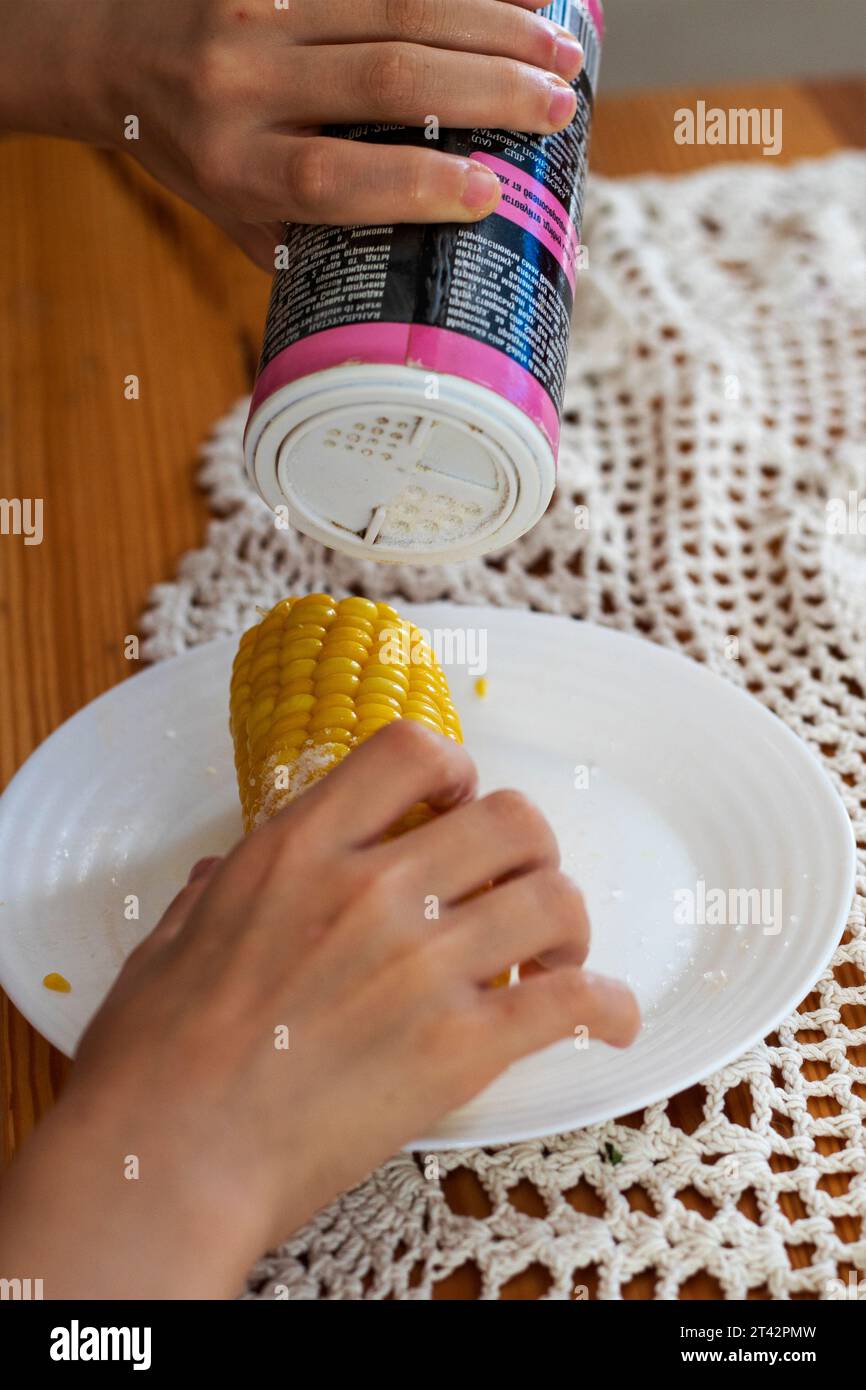 holding a hot yellow appetizing head of sweet corn in your hands before ...