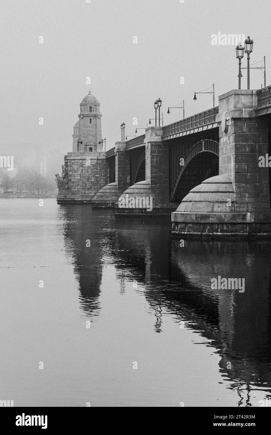 A black and white photograph of a the Longfellow Bridge in Boston over ...