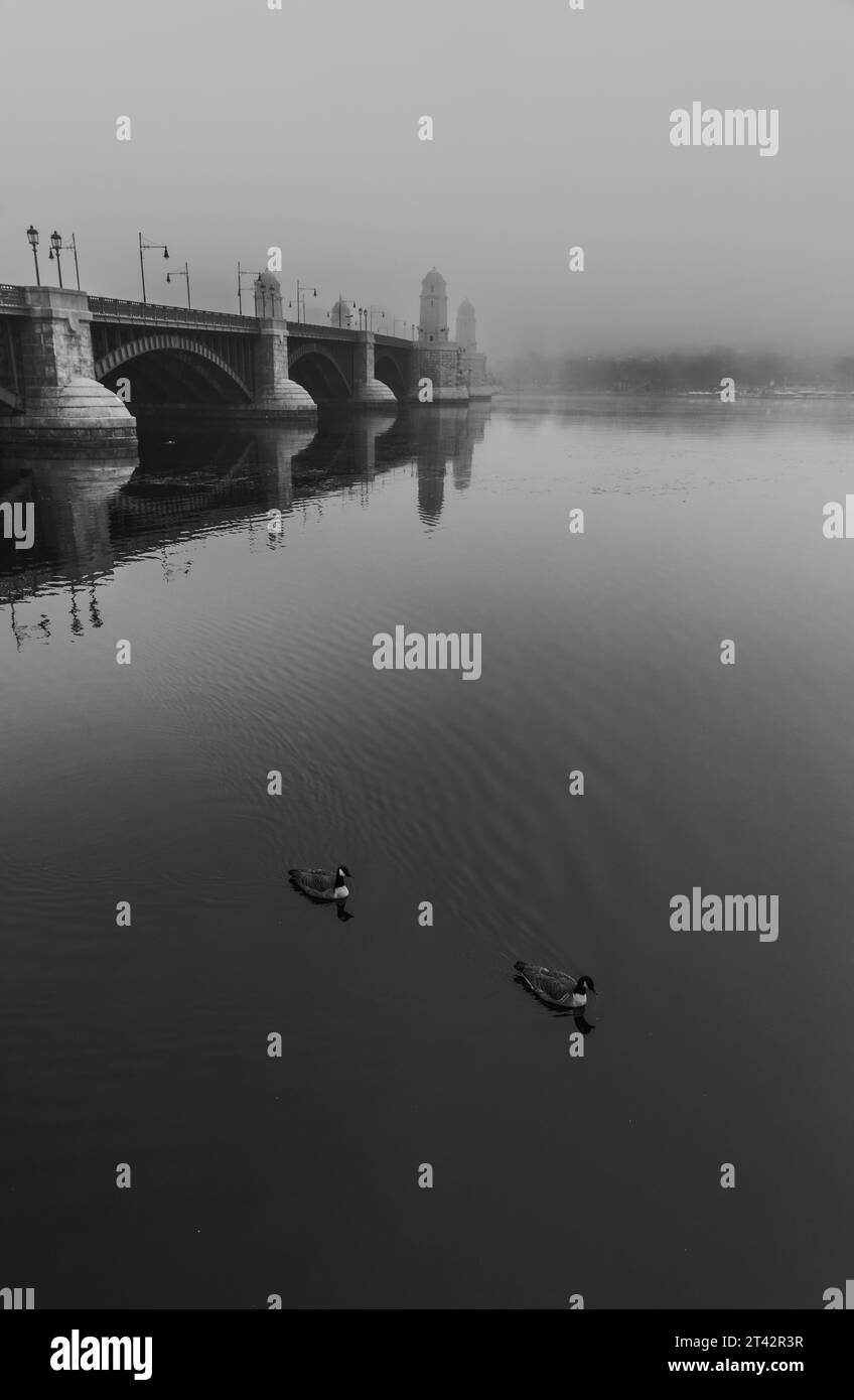 A black and white photograph of a the Longfellow Bridge in Boston over ...