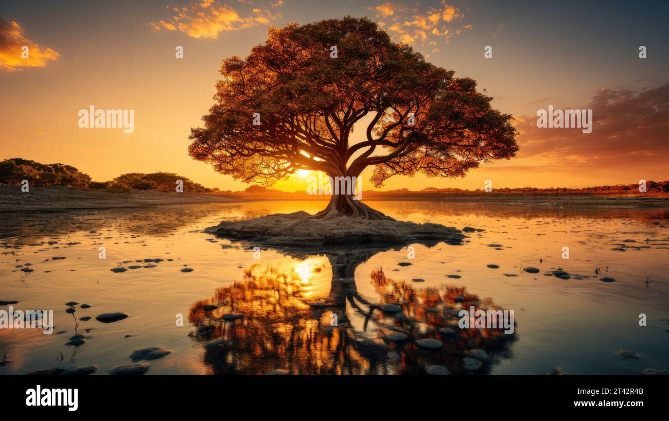 An idyllic scene of a tree standing in the middle of a tranquil body of ...