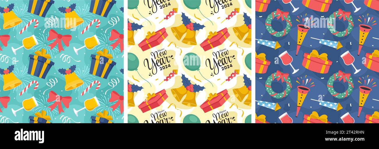 Set of Happy New Year 2024 Seamless Pattern Illustration with Elements ...