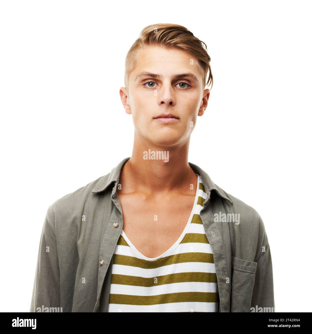 Young man, portrait and face in fashion with hairstyle or blank stare ...