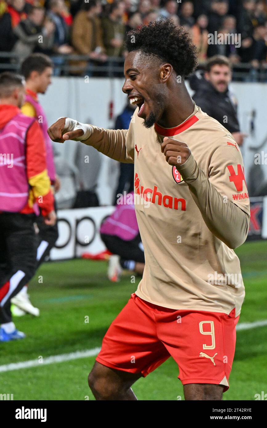 Lens, France. 24th Oct, 2023. Elye Wahi (9) of RC Lens celebrates with ...