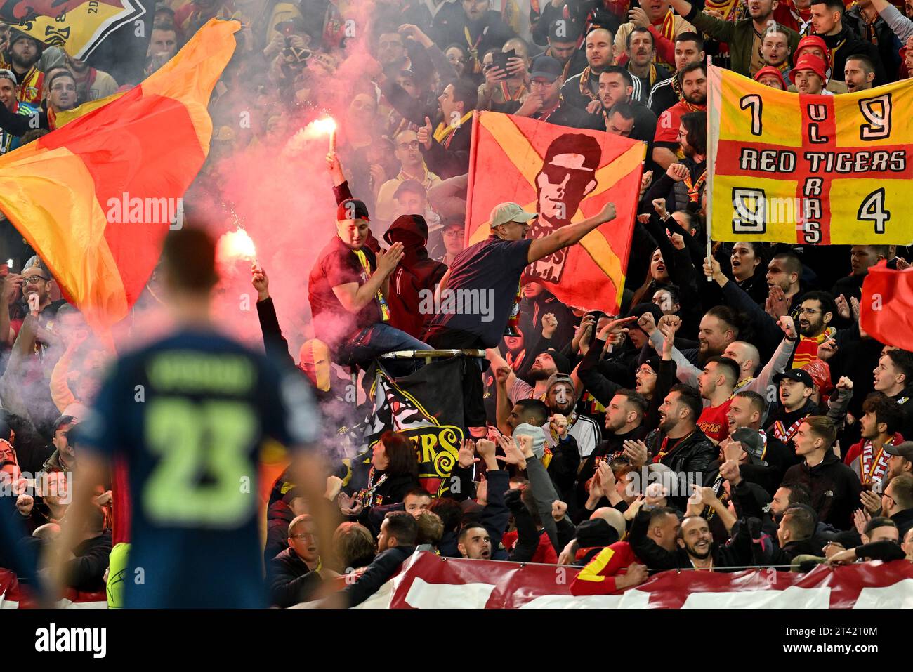 fans and supporters of Lens celebrate with pyrotechnical flares during ...