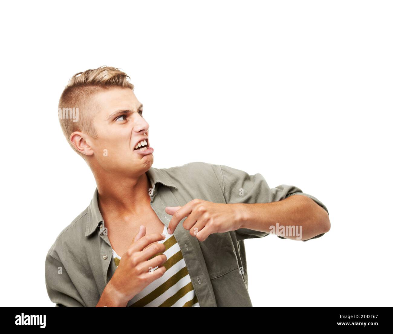 Anger, frustrated and a man on a white background with fear, scared and ...