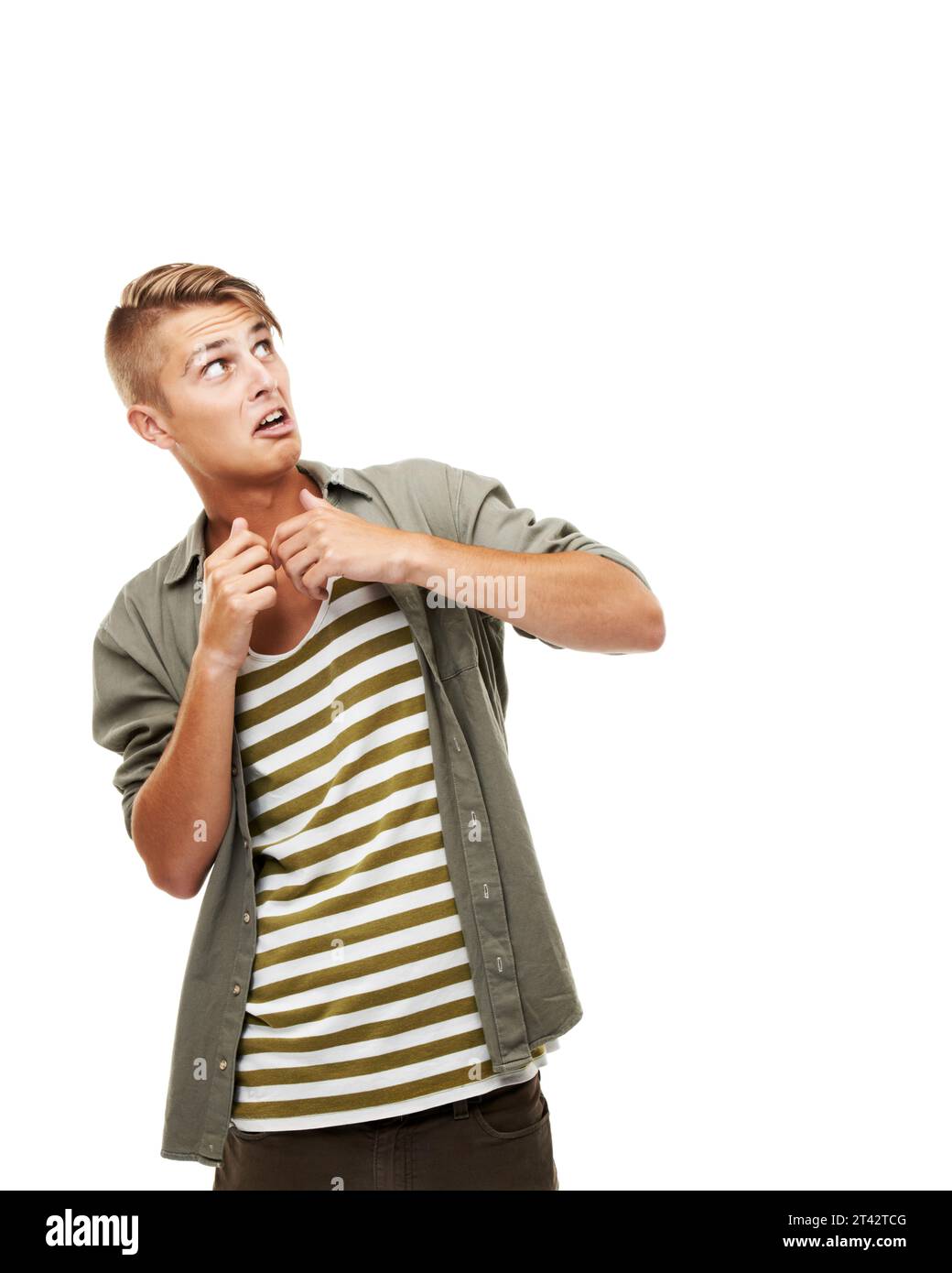 Fear, looking and a man on a white background with mockup for horror ...