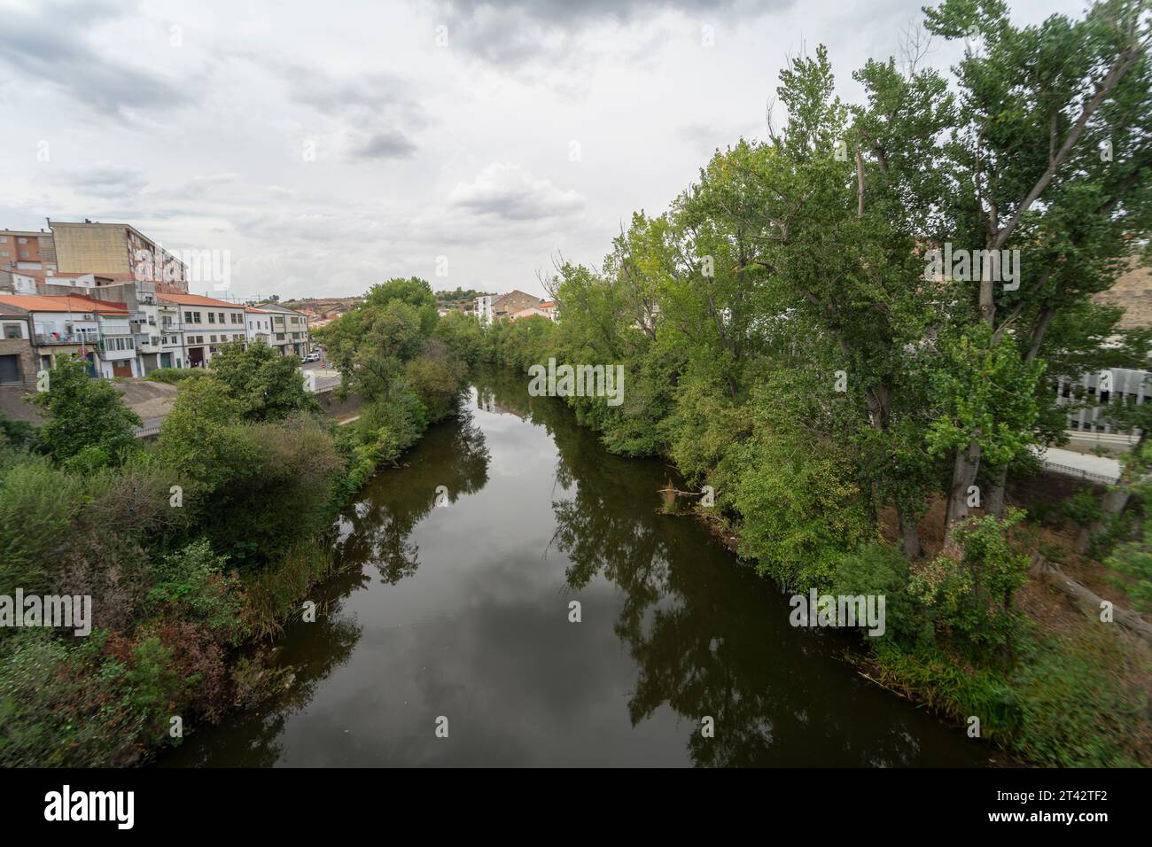Views of the Jerte river in the town of Plasencia with the trees and ...